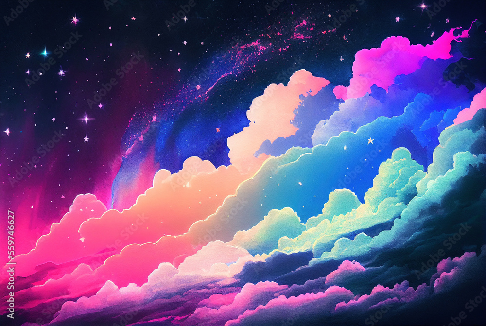ภาพประกอบสต็อก Fantasy dreamy neon night sky with glowing clouds and ...