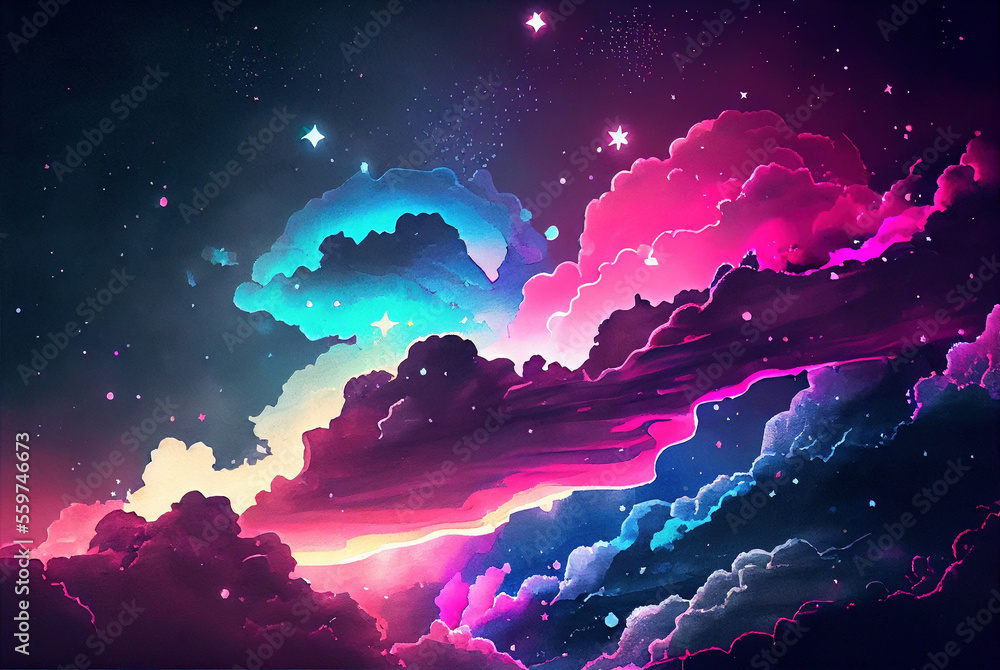 Fantasy dreamy neon night sky with glowing clouds and stars ...