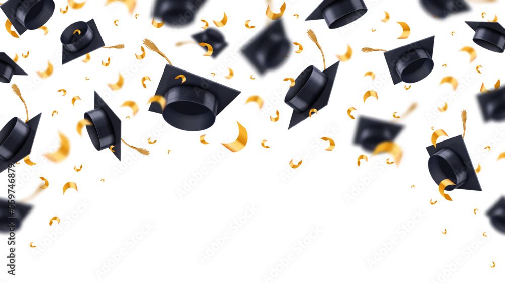 Flying graduation caps with confetti. School, college or university ...