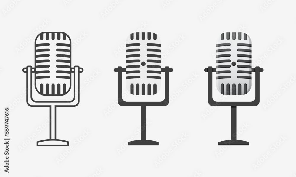 Classic old microphone vector in 3 simple styles. Microphone silhouette ...