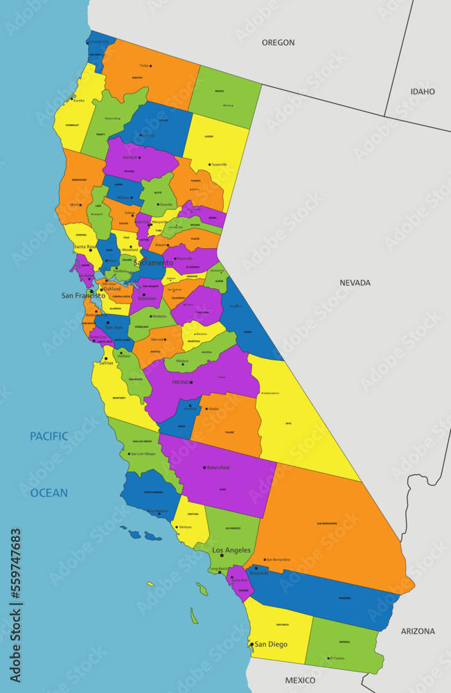 Colorful California political map with clearly labeled, separated ...
