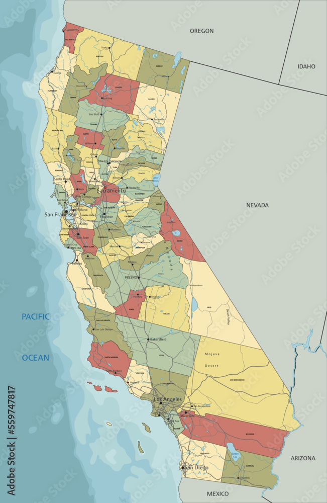 California - Highly detailed editable political map with labeling ...