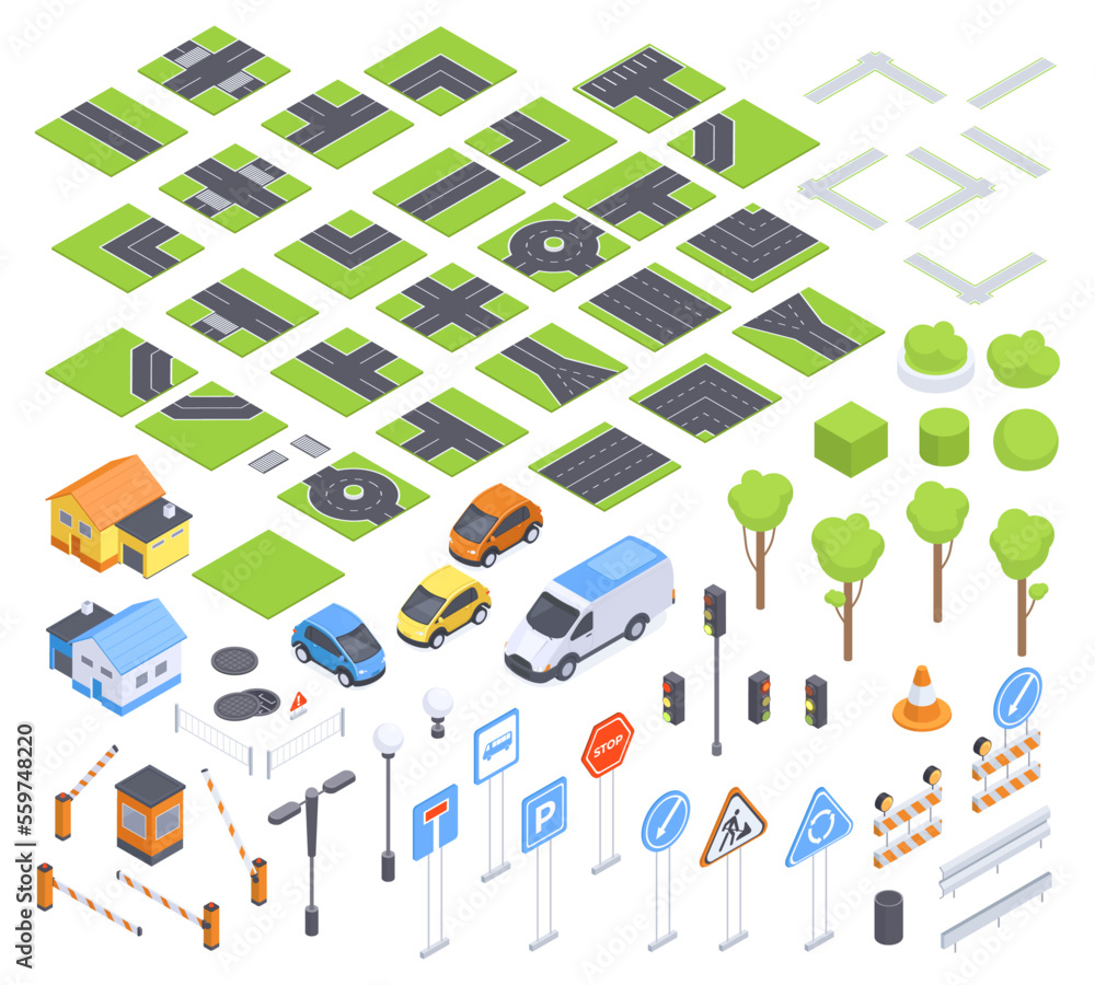 Isometric roads, 3d city constructor. Urban street road signposts ...