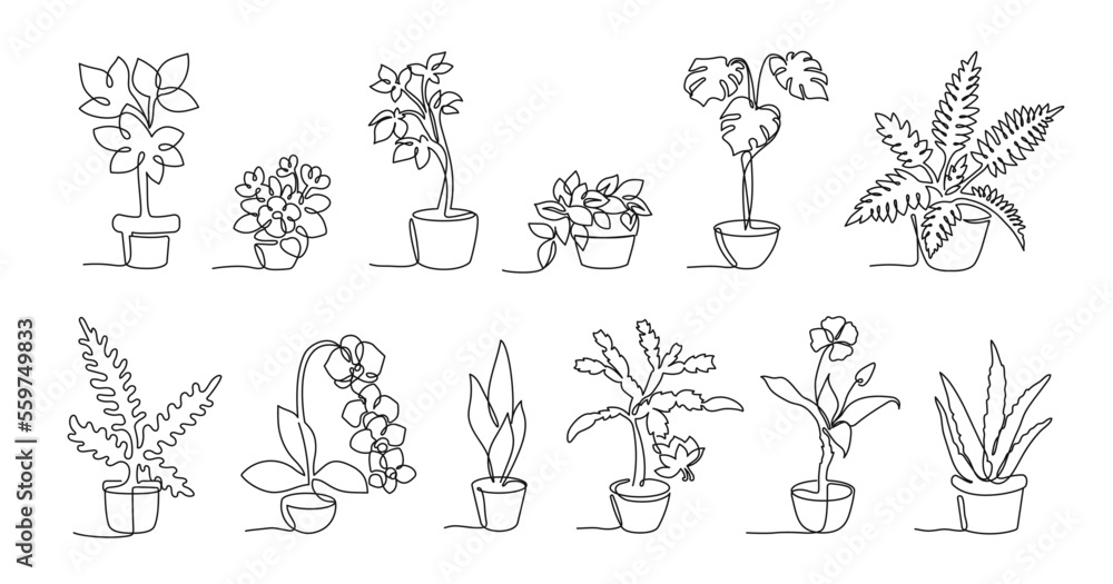 One continuous line potted plants. Home decor plants in cute pots, hand ...