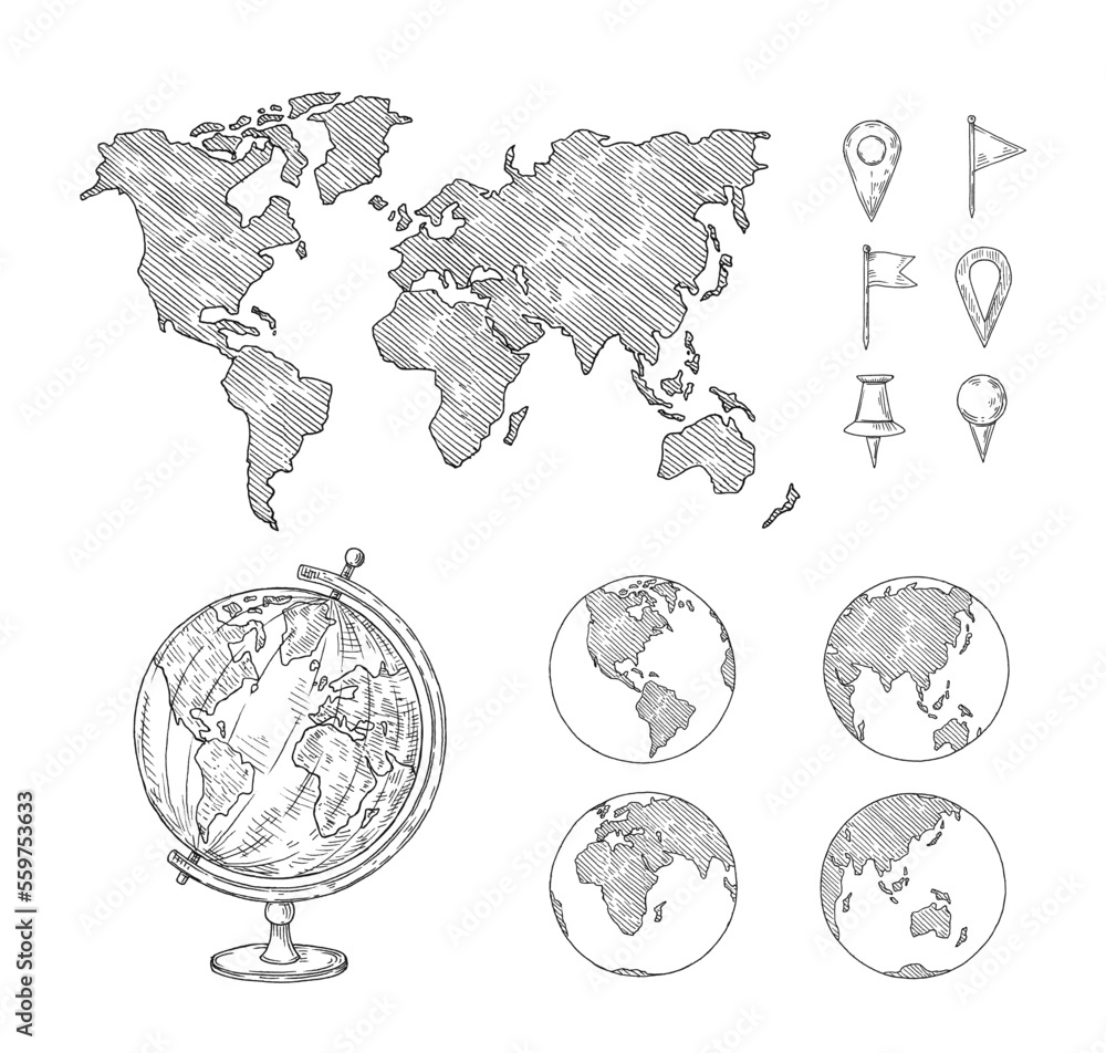 Sketch globe maps. Hand drawn earth lands, doodle world map with ...