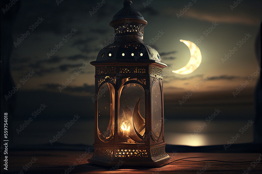 Ramadan lantern with crescent moon on night sky background Stock ...