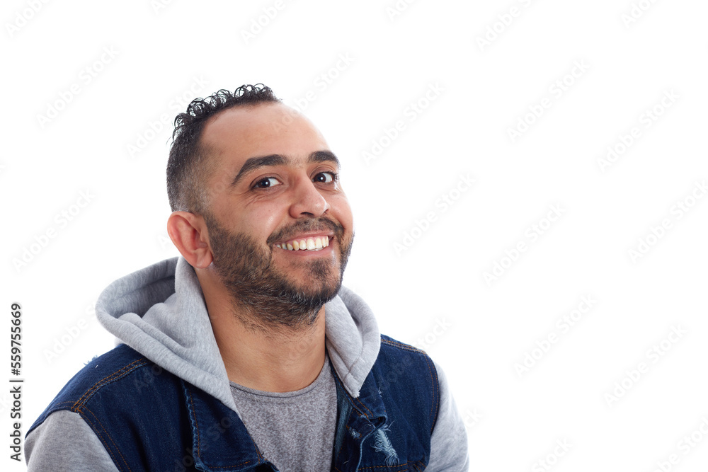 Handsome young male laughing out loud at funny meme he found on ...