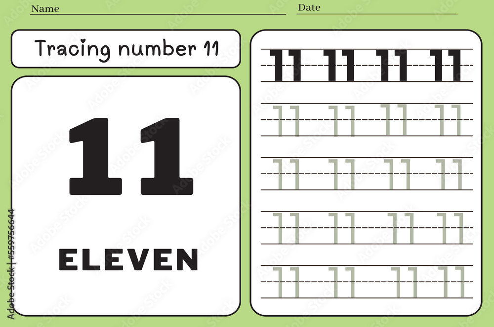 Number 11. tracing practice worksheet for kids learning to count and ...