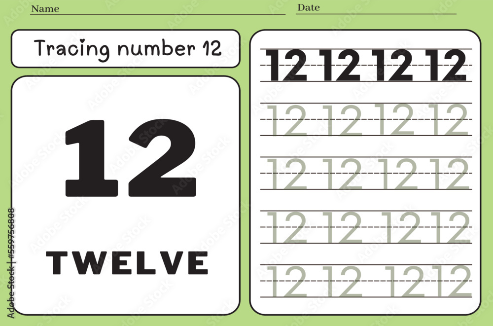 Number 12. tracing practice worksheet for kids learning to count and ...