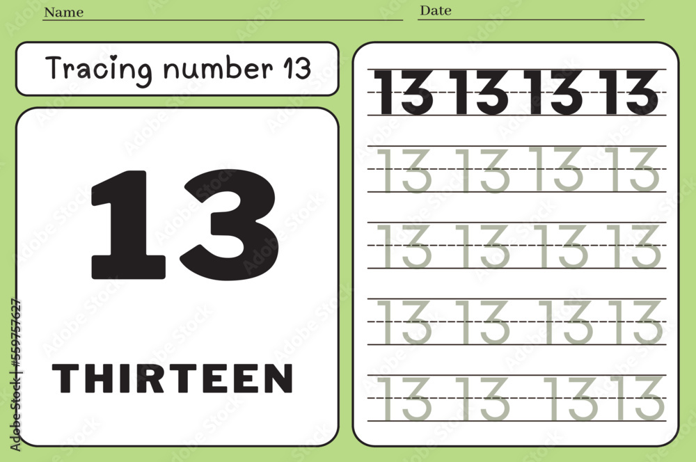 Number 13. tracing practice worksheet for kids learning to count and ...
