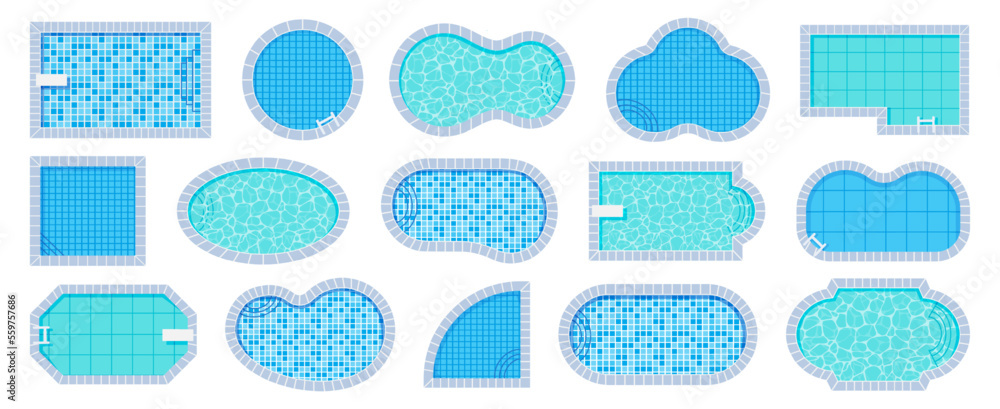 Top view pool. Swimming pools of different shapes with tile and water ...