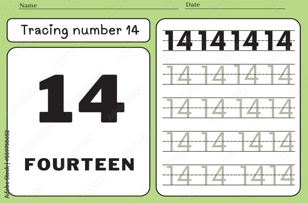 Number 14. tracing practice worksheet for kids learning to count and ...