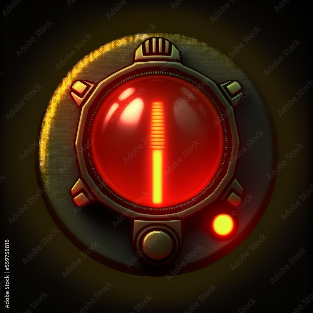 Glowing red sci-fi lamp button token with rivets in steampunk style ...