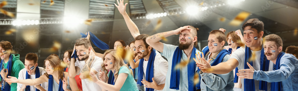 Group of emotive, expressive young people, football, soccer fans ...