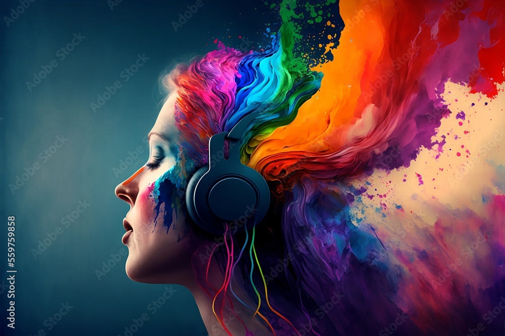 Beautiful woman hearing colours and seeing music. Generative AI, this ...