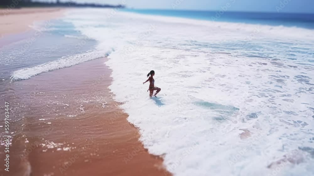Asian woman feet walking barefoot beach at endless ocean seaside ...