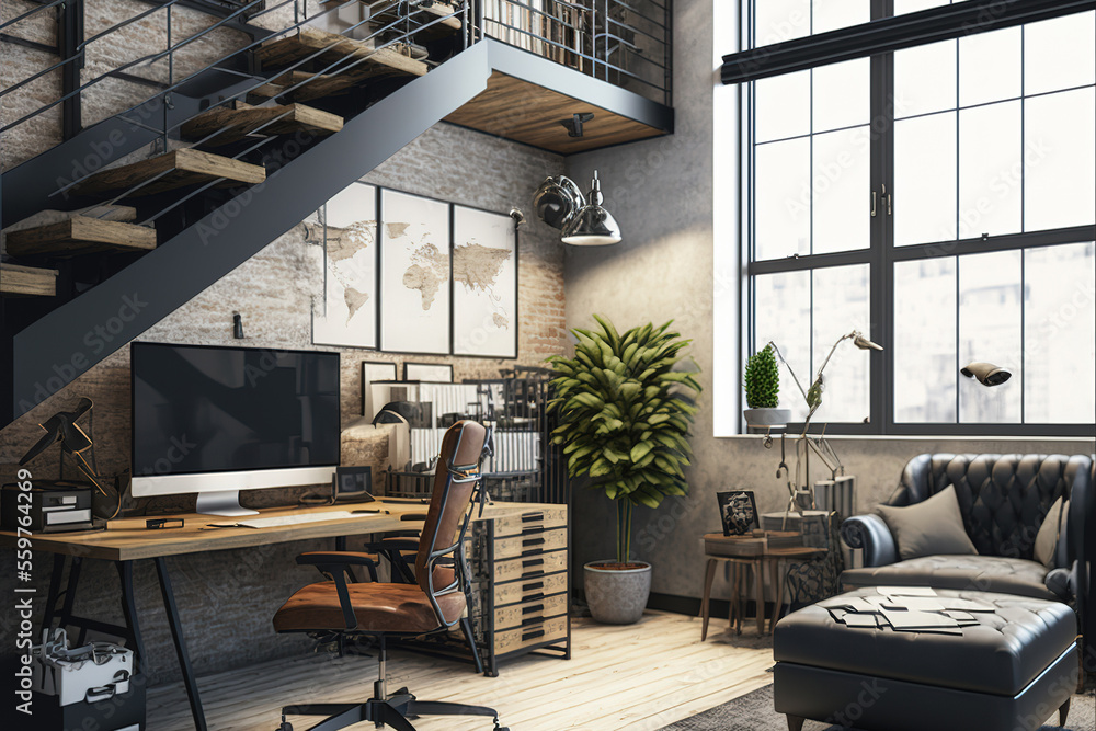 Interior of a modern loft home office in an industrial design ...