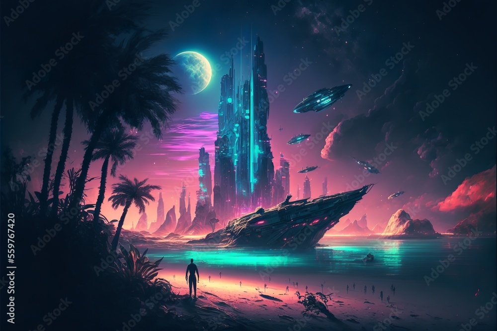 Huge ocean cruiser in cyberpunk future city megapolis on a beach with ...