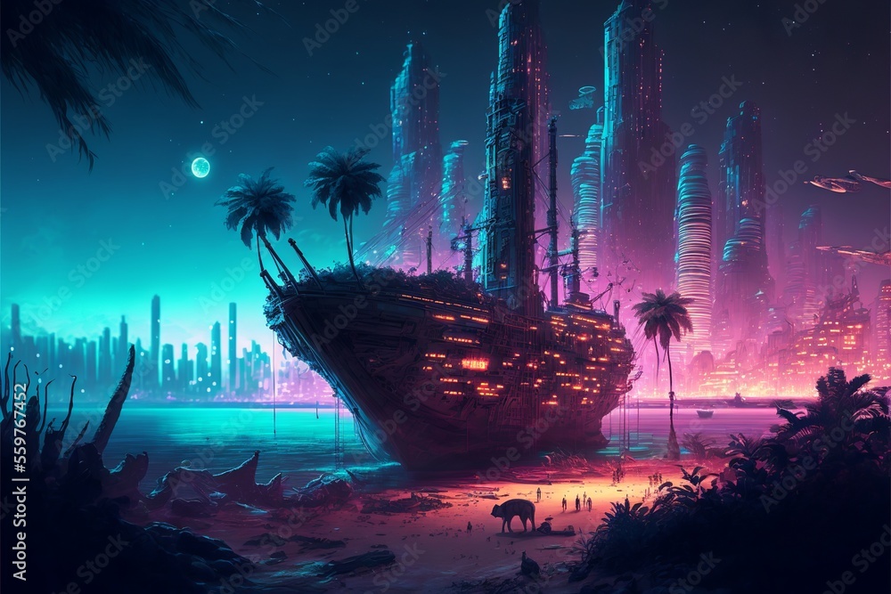 Huge ocean cruiser in cyberpunk future city megapolis on a beach with ...