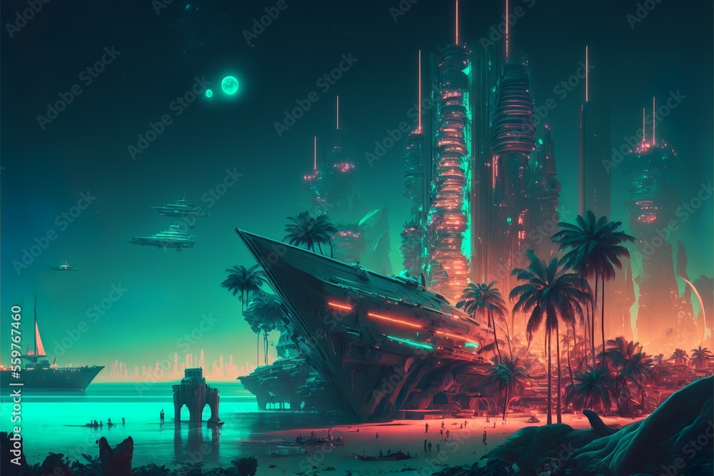 Huge ocean cruiser in cyberpunk future city megapolis on a beach with ...
