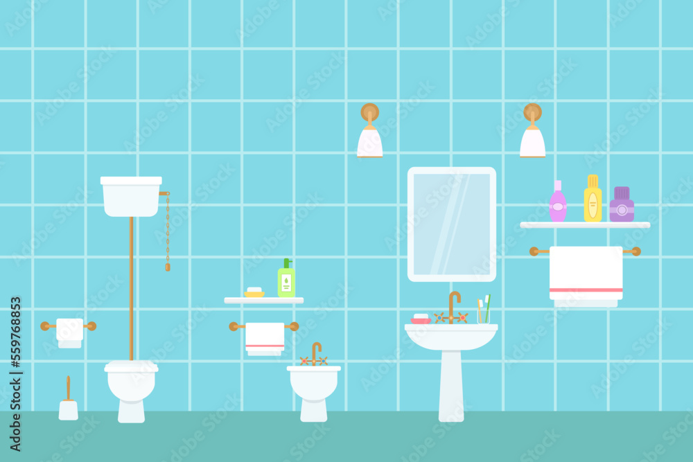 Retro toilet, bidet and sink with toilet accessories. Home interior ...