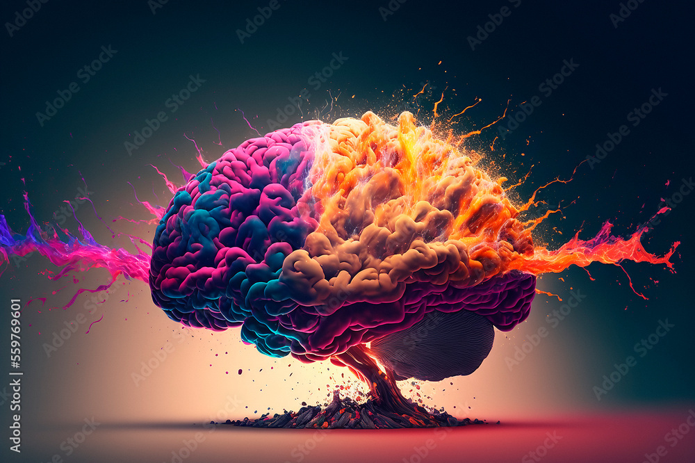 brain explodes with paints with splashes on a dark background creative ...