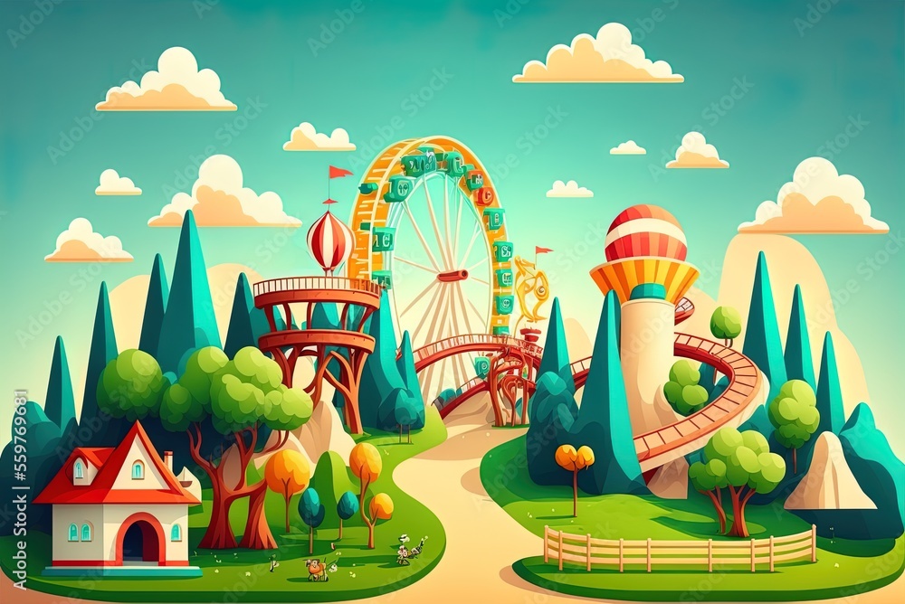 panoramic theme park landscape vista cartoon style. Generative AI Stock ...