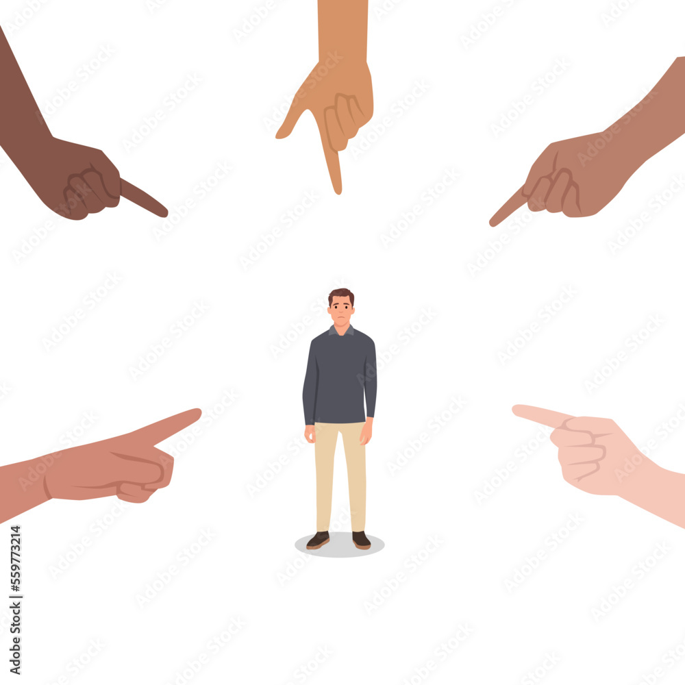 Young man Sad depressed, ashamed man surrounded by hands pointing him ...
