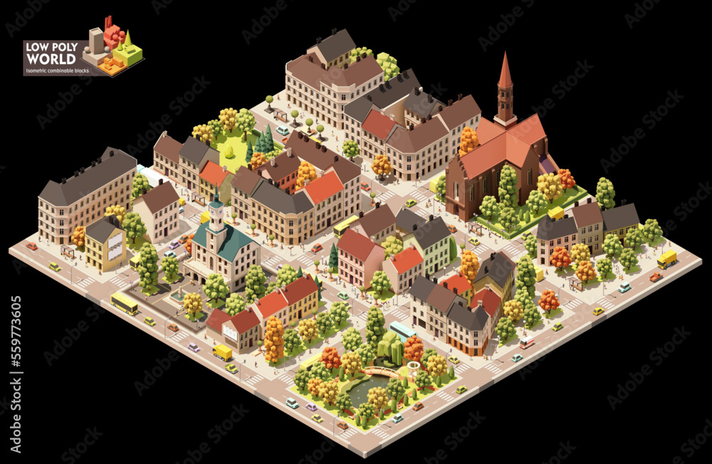 Vector isometric world map creation set. Combinable map elements. Town ...