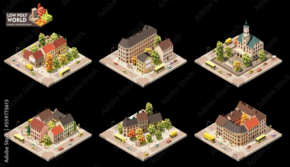 Vector isometric world map creation set. Combinable map elements. Town ...