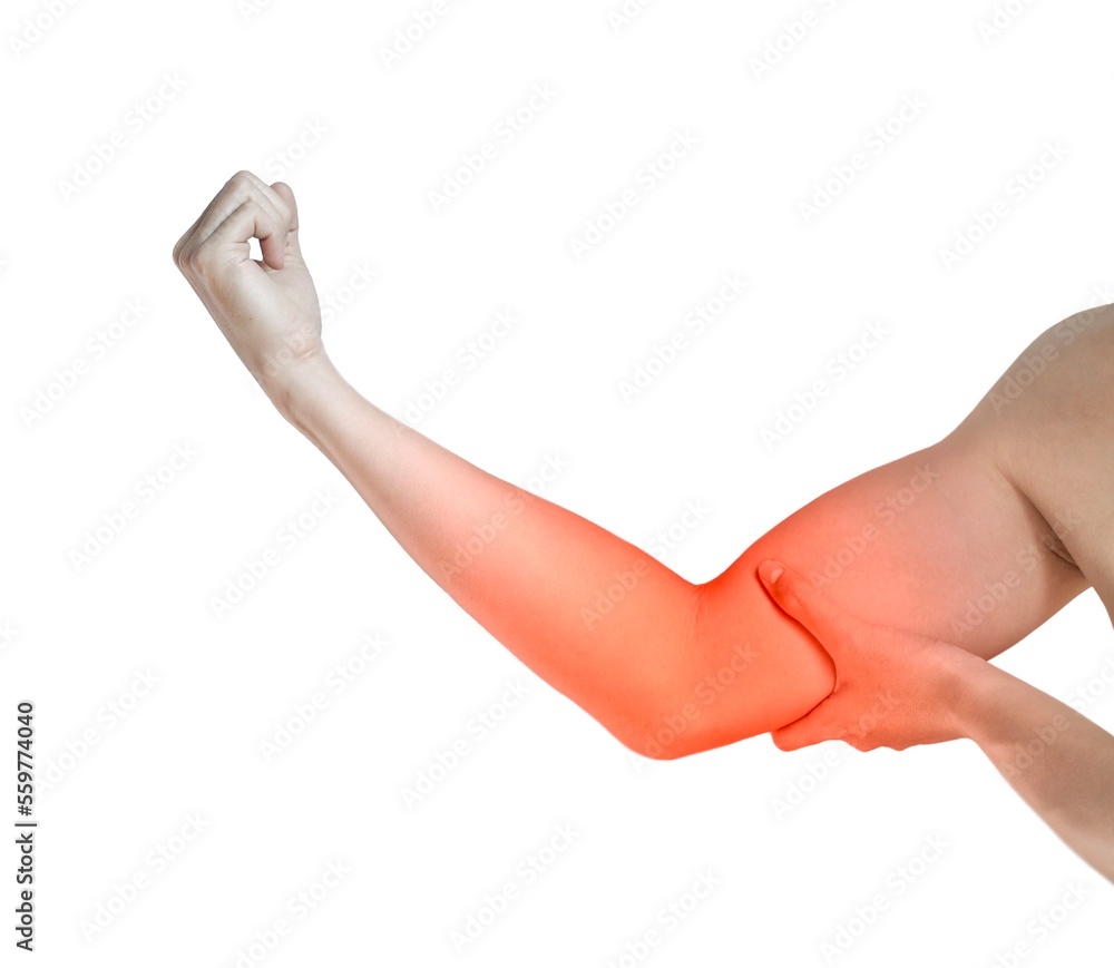 Pain in the upper arm of Asian young man. Concept of elbow and forearm ...
