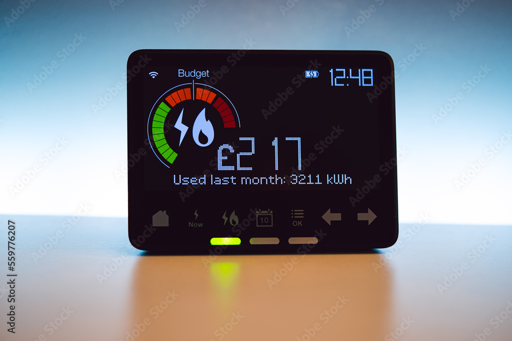Smart Meter with Budget Exceeded Warning Close up landscape Stock Photo ...