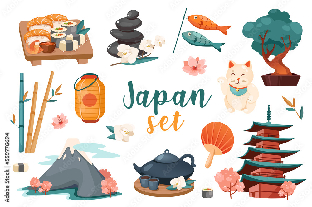 Japan symbols 3d realistic set. Bundle of japanese cuisine, sushi ...