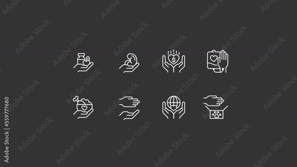 Animated charitable white line icons. Volunteer opportunity. Charitable ...
