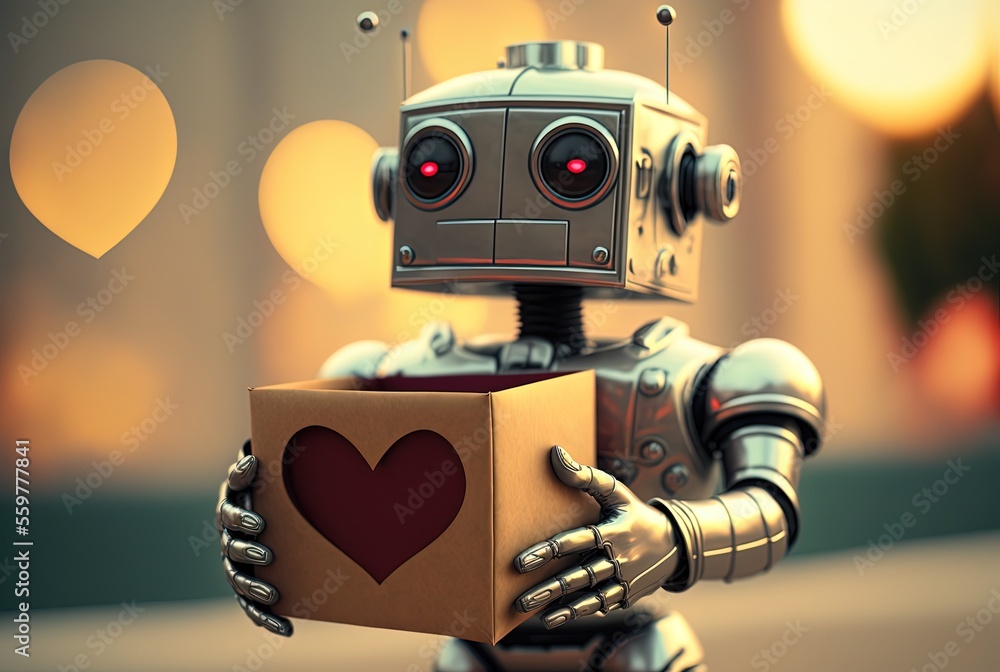 cute robot has a gift box in it hand with bokeh light background, idea ...