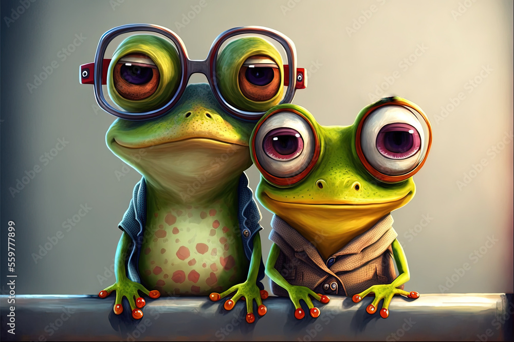 Cute frog couple with glasses, two frog characters, generative ai ...