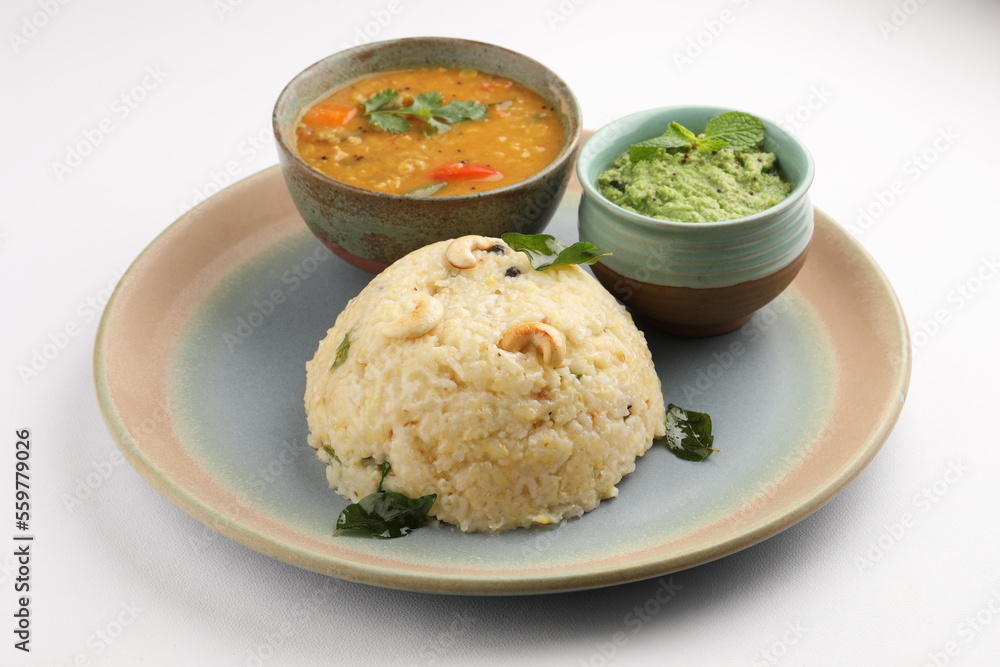 Ven Pongal Khara Pongal with Sambar coconut Chutney popular Indian ...