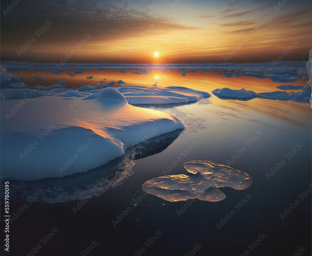 Ice melting, global warming concept. Ice pieces floating on the ocean ...