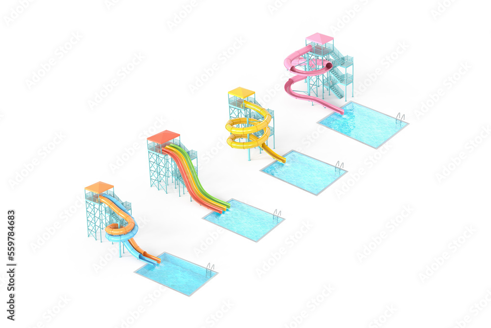 Blank colored waterslide with swimming pool mockup, different types ...