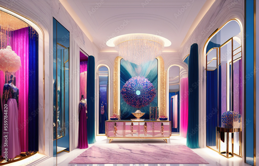 Stunning luxury store window display with pink and blue hanging ...