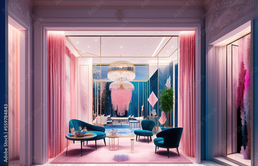 Stunning luxury store window display with pink and blue hanging ...
