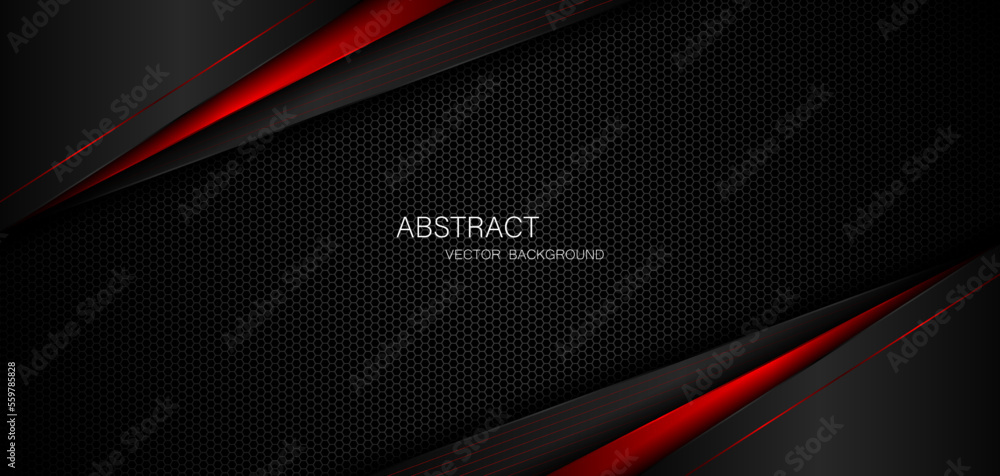 Abstract black and red polygon with red glow lines on dark steel mesh ...