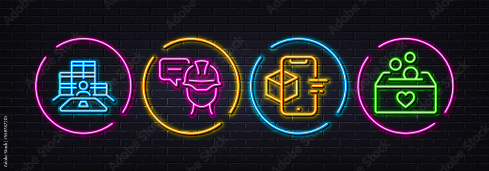 Foreman, Augmented reality and Inventory minimal line icons. Neon laser 3d lights. Donation ...