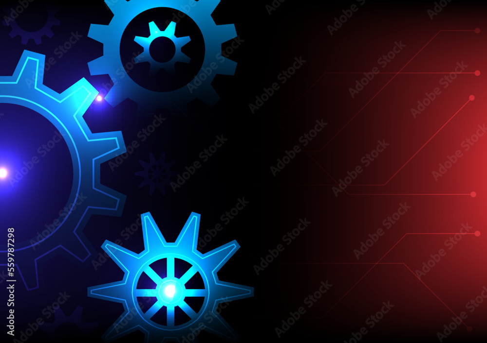 Business and technology concept. Cogs and gear wheel mechanisms on blue ...