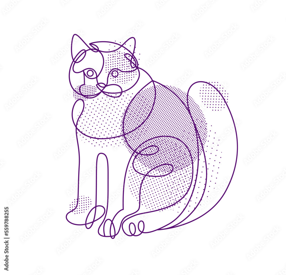 Nice cute cat linear vector illustration, line art drawing of pussycat ...
