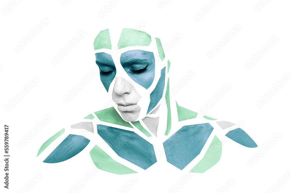 Portrait of a human with creative art makeup posing in the studio. Shape of gray and colored ...