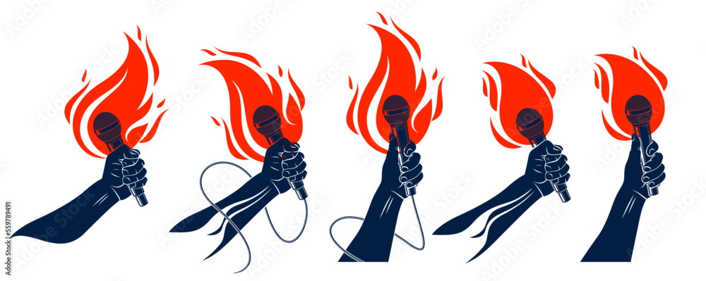 Rap music vector logos or emblems set with microphone in hand flames ...