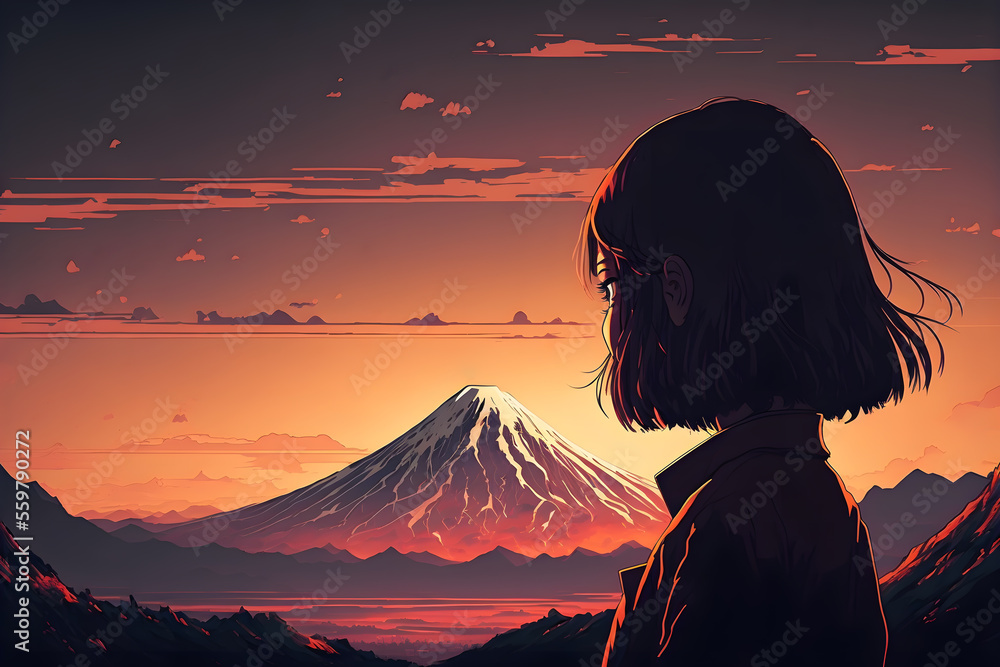 Illustrative drawing of a little girl looking at the Mount Fuji. Manga ...