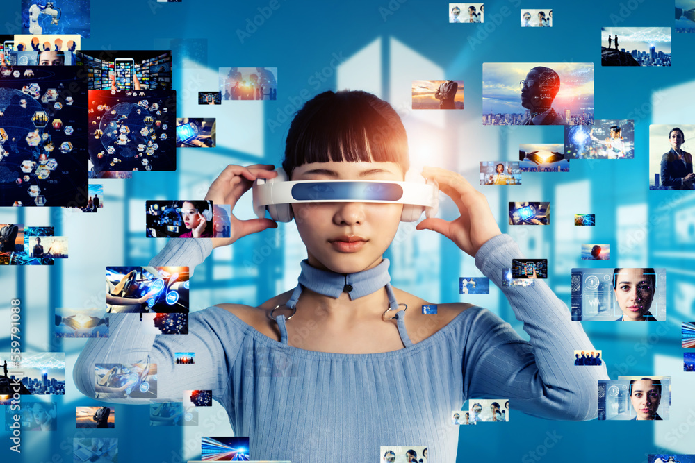 Woman watching video with VR goggles. Virtual reality. Wearable ...