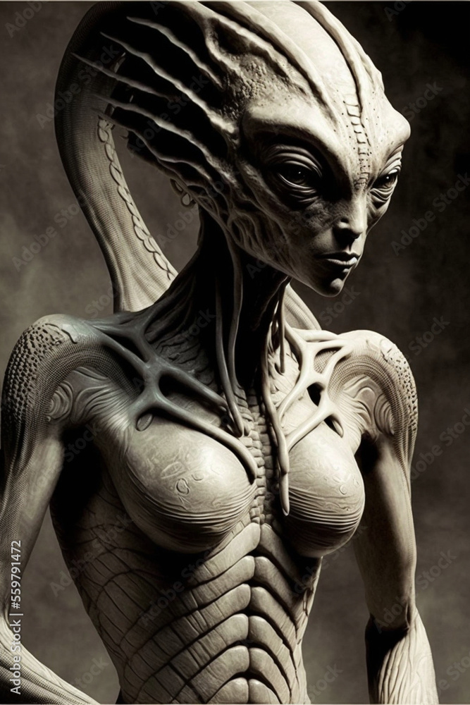 Alien woman, a portrait of a female alien creature. Fantastic body of an alien. Generative AI ...